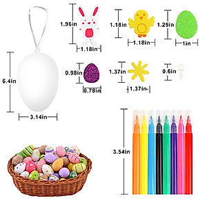 CCINEE Plastic DIY Easter Eggs Set, 30pcs White Egg Ornaments with Rope 8pcs Colored Pens and 80pcs Foam Stickers for Kids Easter Crafts Party Supply