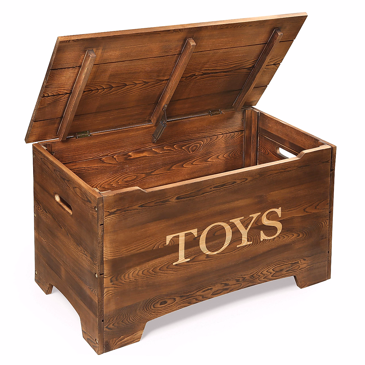 Badger Basket Farmhouse Solid Wood Rustic Toy Box with Reversible "Toys" Panel - Caramel Brown
