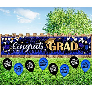 2023 Graduation Banner Decoration Set, Large Congrats Grad Banner with 8 Pieces Balloons Blue and Gold Class of 2023 Yard Sign for High School College Graduation Party Outdoor Hanging Decorations(blue)