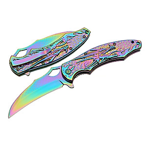 SZCO 8.5” Titanium Finished Rainbow Dragon EDC Folding Knife With Pocket Clip (300580-RB)