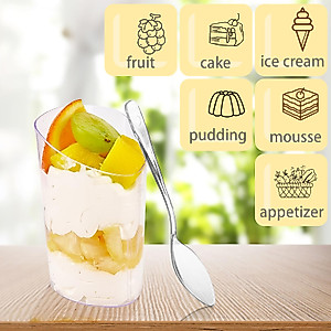 Legredic 50 Pack Mini Dessert Cups with Spoons, 3 oz Clear Plastic Parfait Appetizer Cups, Small Reusable Shooter Serving bowls for Tasting, Slanted Triangle Dessert Shot Glasses