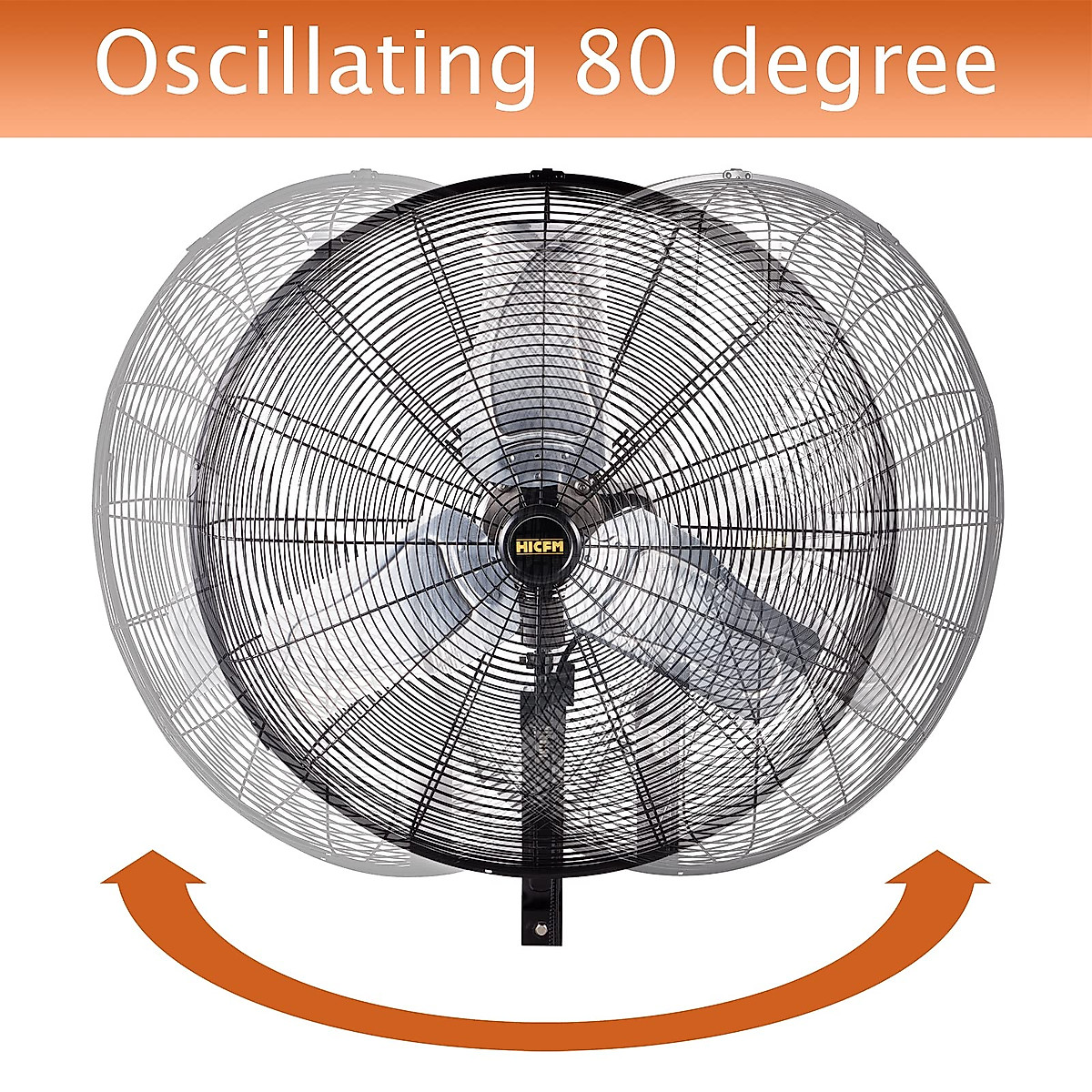 HICFM 24 inch Safety Yellow Outdoor Oscillating Weatherproof Wall Mounted Fan, IP44 Enclosure Motor, 9 FT Cord & GFCI Plug, 8900 CFM 3-Speeds Heavy Duty Fan, 80 Degree Oscillation, UL Outdoor Approved
