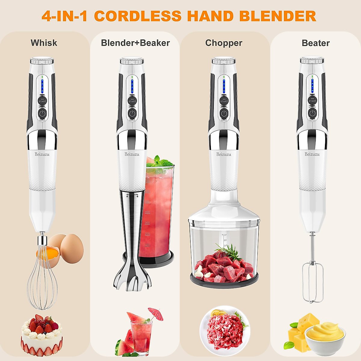 Cordless Hand Blender: 4-in-1 USB Rechargeable Immersion Blender, 21 Variable Speeds & 3-Angle Adjustable with 700ml Chopper, 700ml Beaker, Egg Whisk and Beater for Smoothies, Soup, Baby Food (White)
