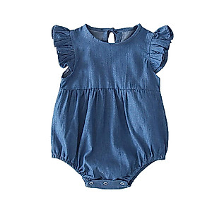 Slowera Baby Toddler Girls Denim Ruffled Bodysuit Blue Soft One-Piece Romper (Blue, 3-6 Months)