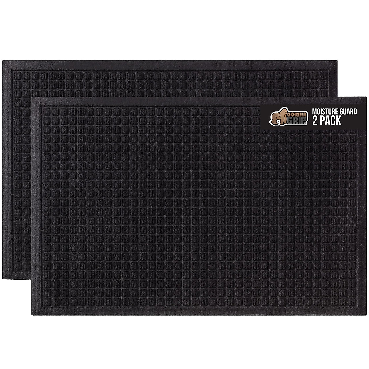 Gorilla Grip 100% Waterproof Ultra Absorbent Moisture Guard Doormat, Absorbs Up to 5.7 Cups of Water, Stain and Fade Resistant, Spiked Rubber Backing, All Weather Door Mat, 2 Pack, 35x23, Black