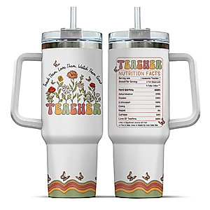 99OWL Teacher Wildflower Retro Vintage Nutrition Facts, Tumbler 40 Oz With Handle Lid And Straw, Teacher Gifts, Stainless Music Teachers Floral Gift Coffee Water Flower Cups Funny