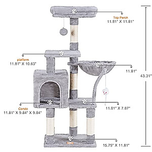 Heybly Cat Tree with Toy, Cat Tower condo for Indoor Cats, Cat House with Padded Plush Perch, Cozy Hammock and Sisal Scratching Posts, Light Gray HCT004SW