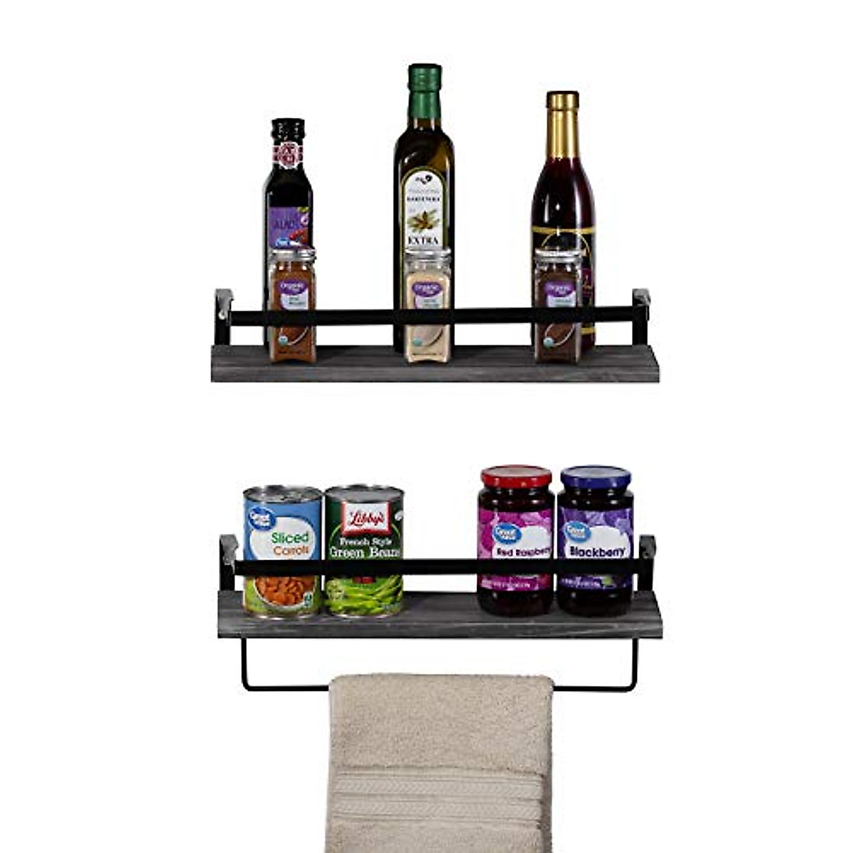 Floating Shelves Wall Mounted Storage Shelves for Kitchen , Bathroom, Bedroom,Living Room,Office. Set of 2 Gray Wood Shelf with Removable Towel Holder, Strong Black Metal Rail Frame. Color Grey