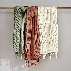 Cozy Bliss Honeycomb Knit Throw Blanket with Hand-Made Tassel Soft Cozy Acrylic Knitted Throw Decorative Woven Blanket for Couch, Bed,Sofa, 50x60 inches, Sage Green