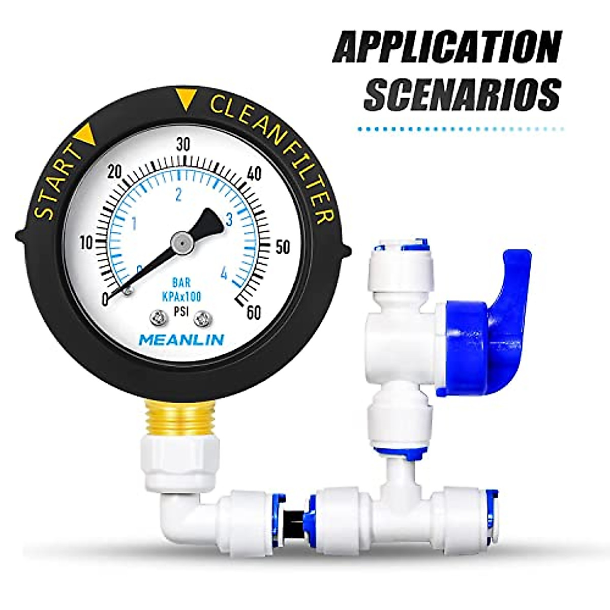 MEANLIN MEASURE 0~60Psi Plastic Frame 1/4" NPT Start and Clean Filter Pressure Gauge，Suitable for Swimming Pool, spa, Aquarium，Lower Mount