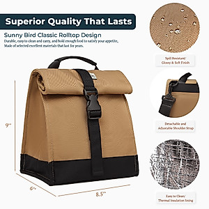 SUNNY BIRD Insulated Lunch Bag Rolltop Lunch Box Tote Bag for Women, Men, Adults and Teens (Brown)