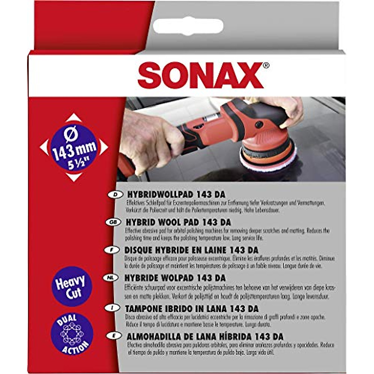 Sonax Hybrid Wool Pad 143mm / 5.5in (493800), Dual Action (DA) Cutting Pad, Fits 5 in Backing Plate, Synthetic Wool Fibers Placed on a Cutting Red Foam Pad