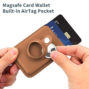 REMOJANO Snap-on MagSafe Card Wallet with Built-in AirTag Pocket, AirTag Case & Magnetic Card Wallet, Compatible for iPhone 12/13 Series (Brown)