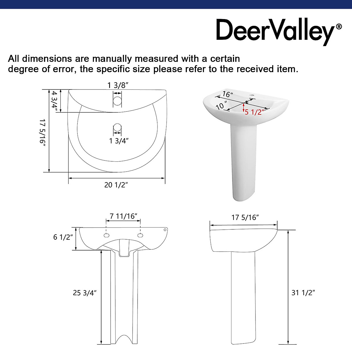 DeerValley DV-1P523 Compact White Ceramic Pedestal Sink, 20" X 17" Inch Pedestal Bathroom Sink With Overflow and Pre-Drilled Single Hole