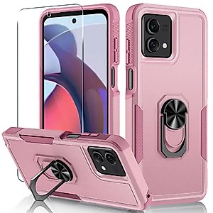 WRJ Compatible with Moto G Stylus 5G 2023 Case with Screen Protector,[Military Grade][Shockproof Protection][Built-in Ring Kickstand] Heavy Duty PC+TPU Dual Layer Case Cover-Girly Pink