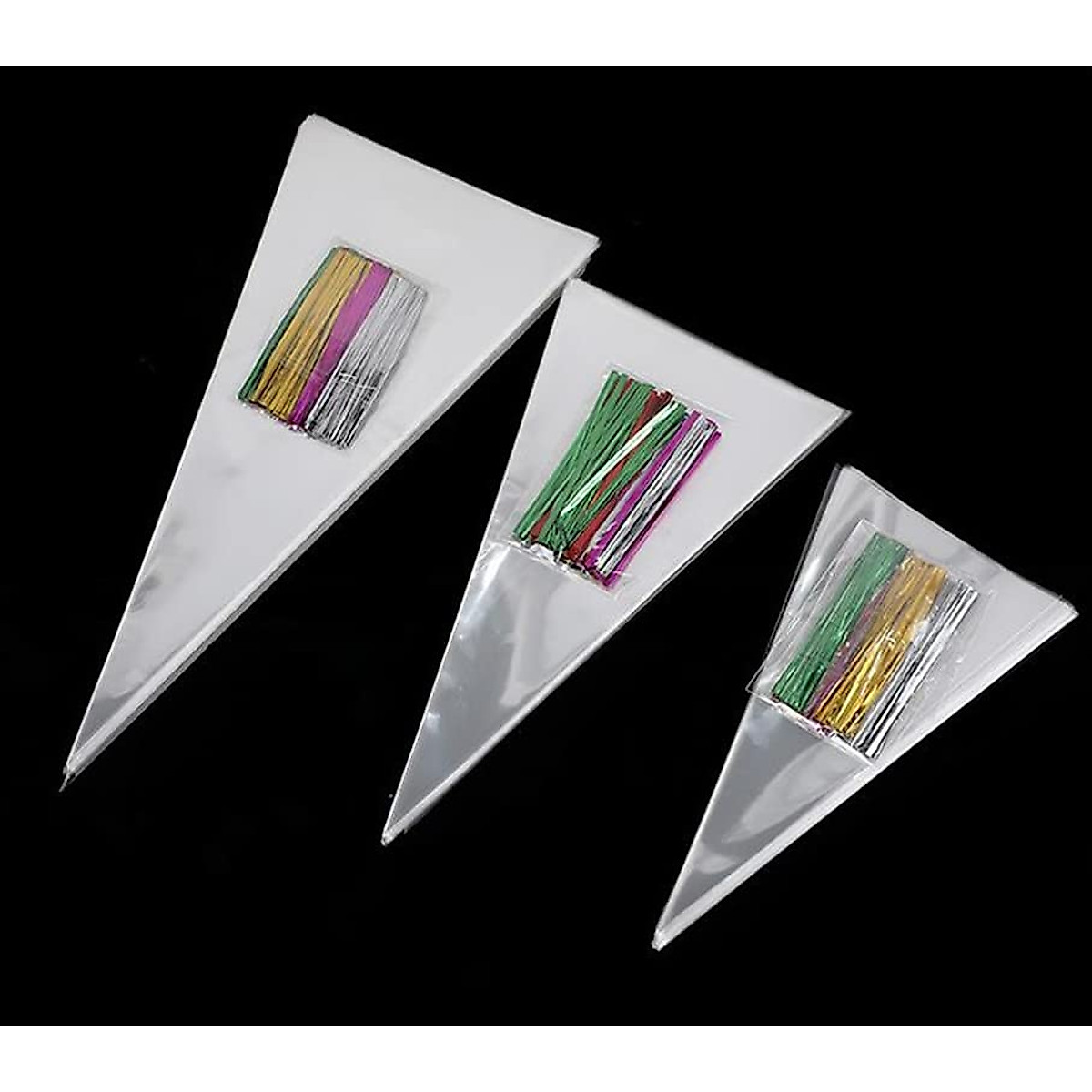 TIMIGGBY 100 Pieces Cone Bag Clear Cone Shaped Treat Bags Cellophane Triangle Bags with 100 PCS Twist Ties Colourful (5.1x9.8 inch)