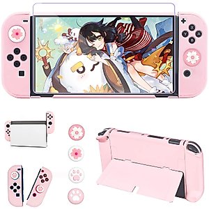 OLDZHU Dockable Pink Case Compatible with Nintendo Switch OLED Model 2021,Ultra-Slim Hard Protective Case Cover for Nintendo Switch OLED with Glass Screen Protector and 4 Pack Thumb Caps