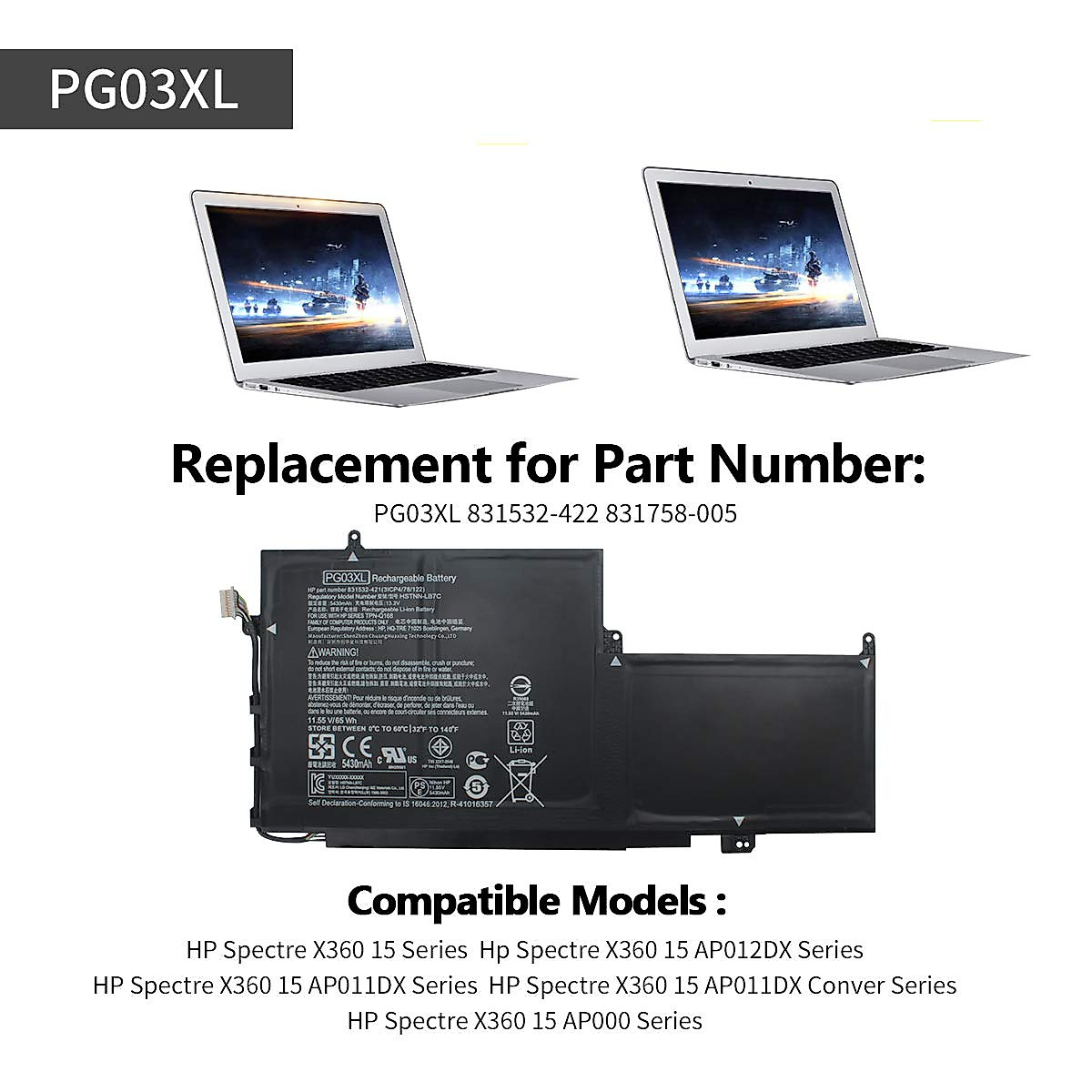 OUSIDE PG03XL 831532-421 Laptop Battery Compatible with HP Spectre X360 15-AP012DX 15-AP011DX 15-AP000NA 15-AP000NX 15-AP001NF 15-AP002NG Series 831532-422 HSTNN-LB7C 831758-005 11.55V 65Wh 5680mAh