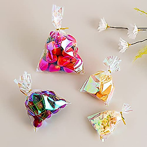Morepack Easter Iridescent Holographic Cellophane Treat Bags,4x6 Inch Party Favor Cookie Bags with 5 Colors Twist Ties for Baby Showers Weddings Birthday Party,100Pcs