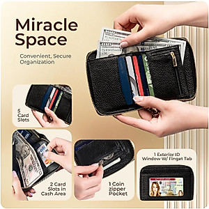 Claasico RFID Small Zipper Wallet for Women, Ladies Genuine Leather Bifold with Coin Zipper Pocket w/Anti-Theft Travel Protection