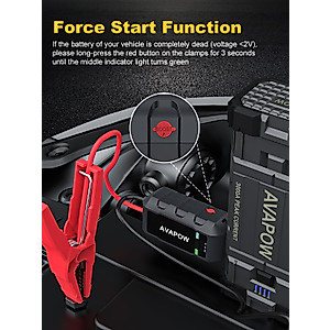AVAPOW Car Battery Jump Starter 3000A Peak, Jumpstart with Force Start Function, Portable Starters for Up to 8L Gas 8L Diesel Engine with Booster Function,12V Lithium Jump Charger Pack Box