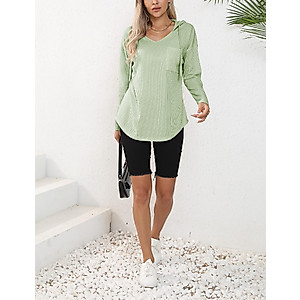 morhuduck Women's V Neck Hoodies Long Sleeve Sweatshirt Drawstring Pullover Tops with Pocket (Mint Green M)