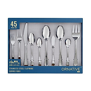 ORNATIVE - Noa Flatware Set with Service for 8, Silverware Set Includes Knives, Forks & Spoons for Home, Kitchen & Restaurant, 18/0 Stainless Steel & Dishwasher Safe - 45 Pieces, Mirror