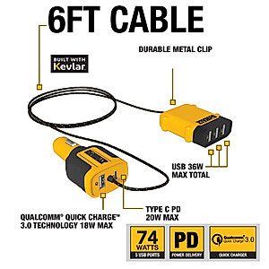 DEWALT 5-Port Front & Back Seat Mobile USB PD Car Charger, 72W Car Charger Adapter, USB Car Charger for Multiple Devices, Cigarette Lighter Adapter USB Charger with Cable for Back Seat Charging