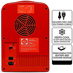 Coca-Cola Classic Coke Bottle 4L Mini Fridge for Bedroom 6 Can Portable Cooler, Personal Travel Refrigerator for Snacks Lunch Drinks Cosmetics, Desk Home Office Dorm, Red