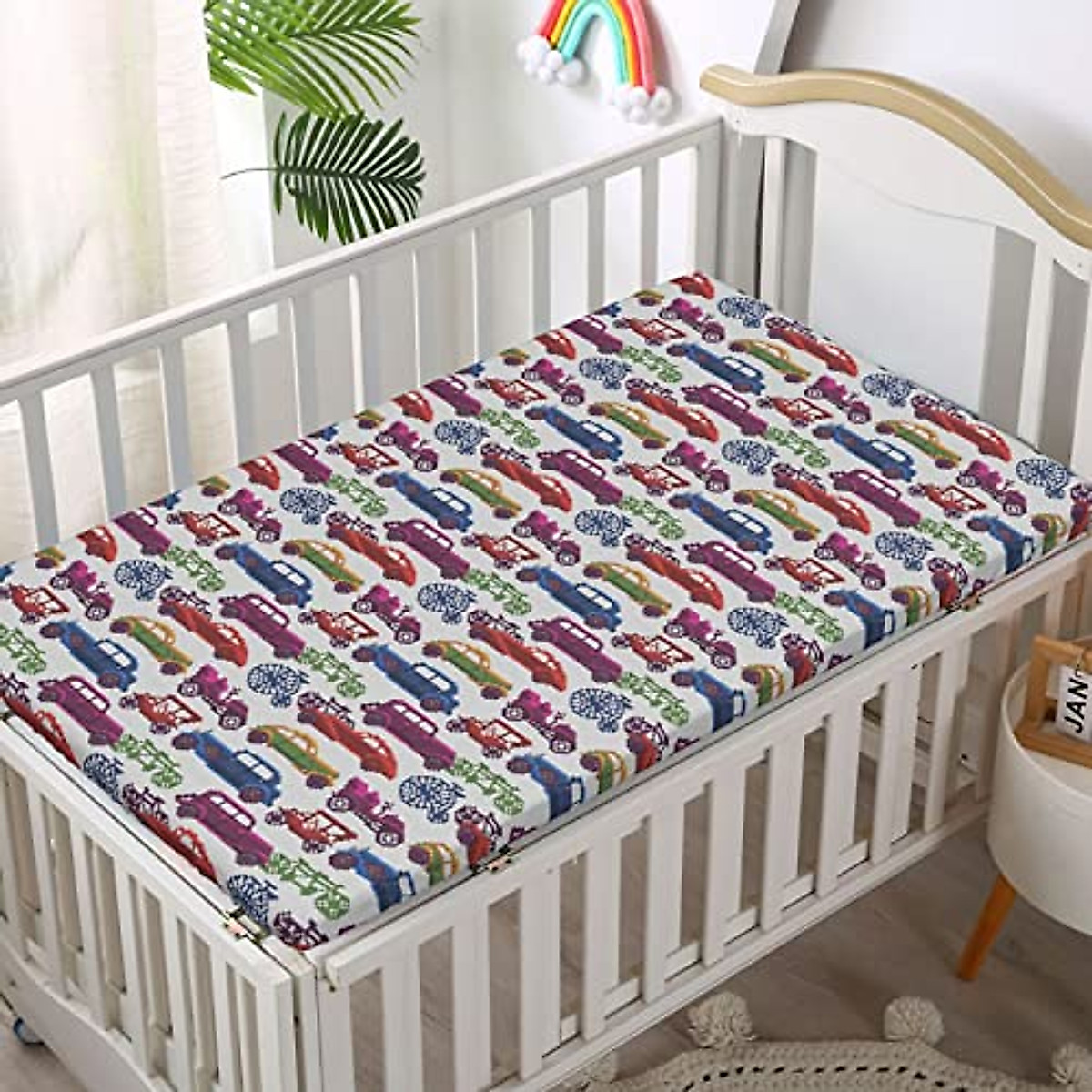 Cars Themed Fitted Crib Sheet,Standard Crib Mattress Fitted Sheet Toddler Bed Mattress Sheets-Crib Mattress Sheet or Toddler Bed Sheet, 28“ x52“,Pale Grey and Multicolor