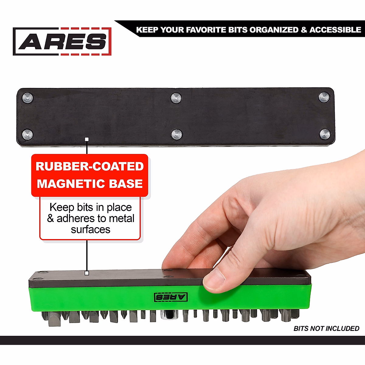 ARES 60013 - Green 37 Hole Hex Bit Organizer with Strong Magnetic Base - Keep Your Favorite Specialty, Drill, Tamper & Quick Change Bits Conveniently Organized and Accessible