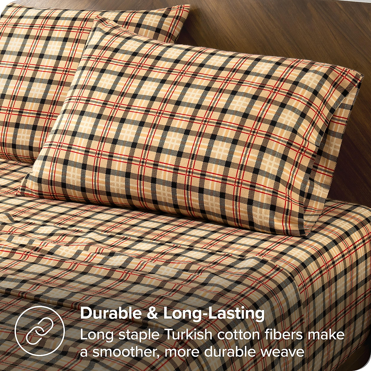 Bare Home Flannel Sheet Set Prints, 100% Cotton, Velvety Soft Heavyweight - Double Brushed Flannel - Deep Pocket (King, Red Lodge Plaid)