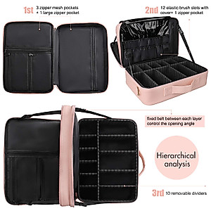 MONSTINA Cosmetic Bags 3 Layer Cosmetic Organizer Makeup Case Beauty Artist Storage Brush Box with Shoulder Strap (Large, PU Leather pink)