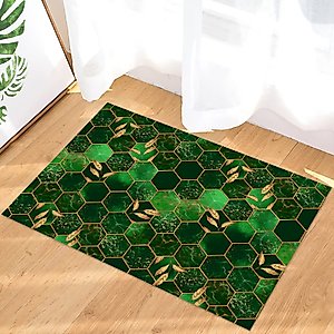 Abstract Marble Leaves Honeycomb Entrance Floor Mat Personalized Doormat Gold Green Welcome Door Mat Low Profile Non Slip Entry Rugs for Bathroom Kitchen Home Front Decor 18x30inch