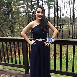 yanstar Silver Crystal Beads Rhinestone Wedding Bridal Belt Sash With Navy Ribbon For Wedding Dress