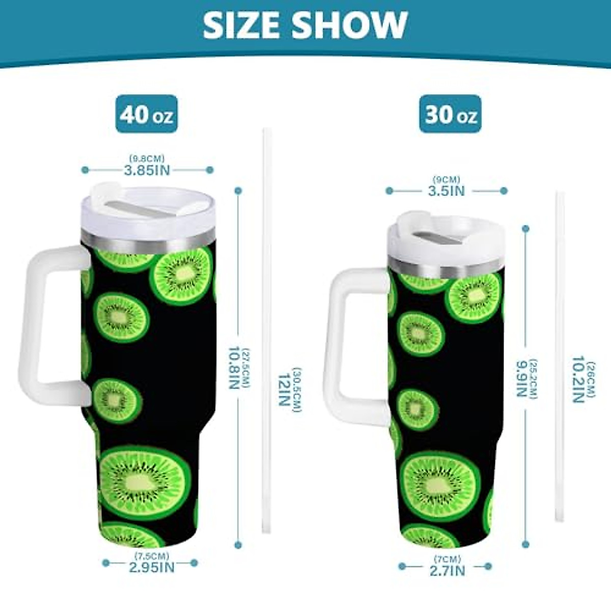 RPLIFE Sliced Kiwis Vibrant Green Tumbler with Handle and Straw, Stainless Steel Bottle, Cup with Lid and Straw