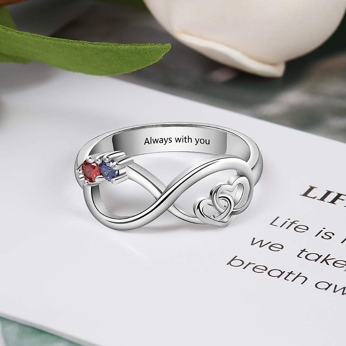 Molywoo Personalized Infinity Symbol Rings Double Hearts Best Friend Promise Rings with 2 Round Shape Simulated Birthstones Engraved Name Rings for Women Love Forever (6)