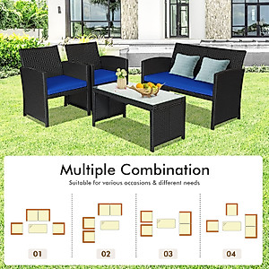 DORTALA 4 Pieces Patio Wicker Conversation Furniture Set, Outdoor Rattan Sofas with Bistro Sets with Coffee Table for Courtyard Balcony Wicker Chairs with Soft Cushion and Table, Navy