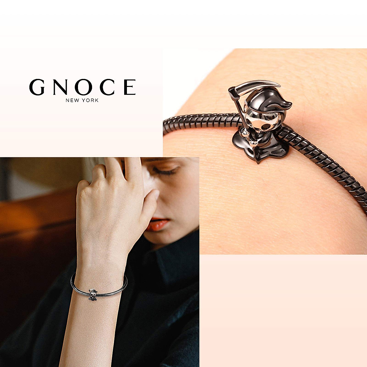 GNOCE Little Ghost Charm Bead Sterling Silver Black Plated Charm Fit Bracelet/Necklace For Women Wife