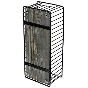 MyGift Modern Bathroom Storage Basket, Black Metal Wire Toilet Paper Holder with Vintage Gray Solid Wood Base, Toilet Tank Organizer Tray with Handles