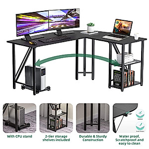 SHSYCER 60" L Shaped Desk with Coputer Tower Stand on 4 Wheels, Shelves, Rounded Corner - Reversible Office Desk with Storage Rack, Large Home Office Desk, L Desk for Home Office, Black