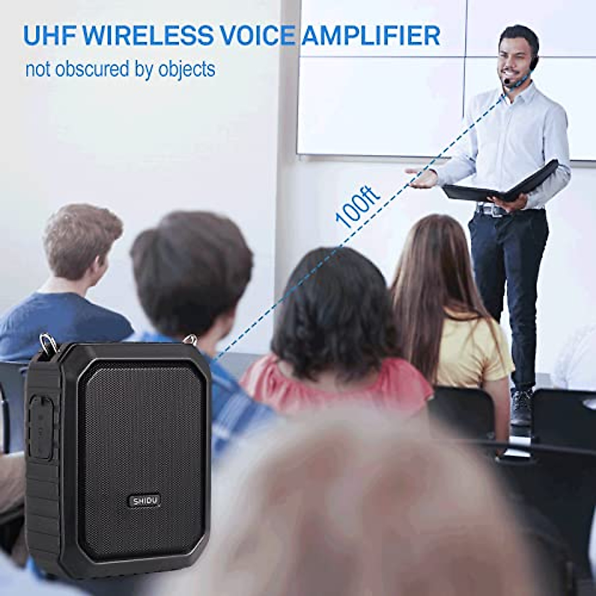 Bluetooth Voice Amplifier Wireless Mic, Waterproof Wireless Microphone and Speaker Set, 18W Personal Mic Headset for Speaking, Rechargeable Megaphone Portable Pa System for Teachers Black
