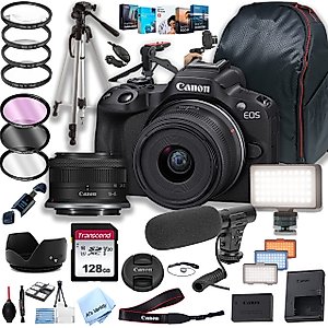 Canon EOS R50 Mirrorless Camera with RF-S 18-45mm f/4.5-6.3 is STM Lens+ 128GB Memory + LED Video Light + Microphone + Back Pack + Steady Grip Pod + Tripod + Filters + Software + More (Renewed)