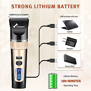 Gimars 2 in 1 Ceramic Blade Dog Grooming Clippers with Small Trimmer, 3-Speed High Power Quiet Rechargeable Dog Shaver Hair Clippers Kit with Comb & Scissors USB Cordless Electric for Dog, Cat, Pet