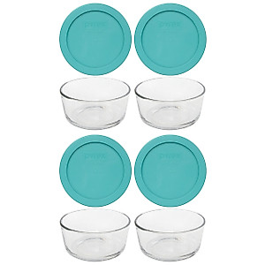 Pyrex (4 7200 Glass Bowls & (4) 7200-PC Turquoise Blue Lids Made in the USA