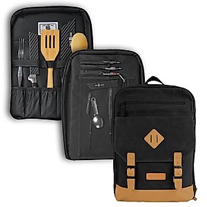 Chef Sac Elite Chef Knife Bag | Vintage Waxed Canvas Daypack | 20+ Pockets for Knives & Tools | Slots for Cleaver & Honing Rod | Water Resistant Material | Knife Organizer for Chefs (Black)