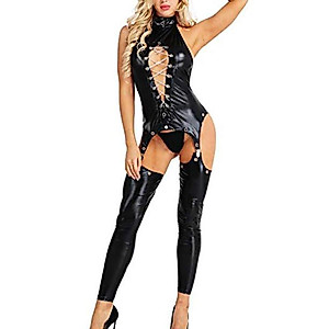 MTLIVE Women Latex Catsuit Open Hips Sexy Wetlook Lingerie Nightclubs Faux Leather Bodysuit,Black-3XL