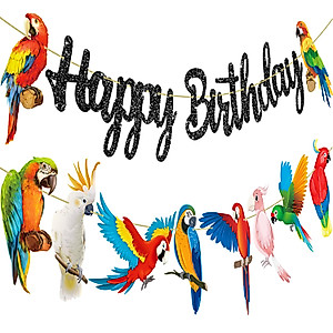 Parrot Birthday Party Banners Tropical Bird Birthday Banner Parrot Birthday Decoration Toucan Parrot Party Cutout Banners for Hawaiian Themed Baby Shower Supplies