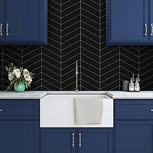 SUNWINGS Chevron Backsplash Tile for Kitchen Peel and Stick, Arrow Stone Composite Self Adhesive Tiles Mosaic Wall Tile for Kitchen 10 Sheets Black