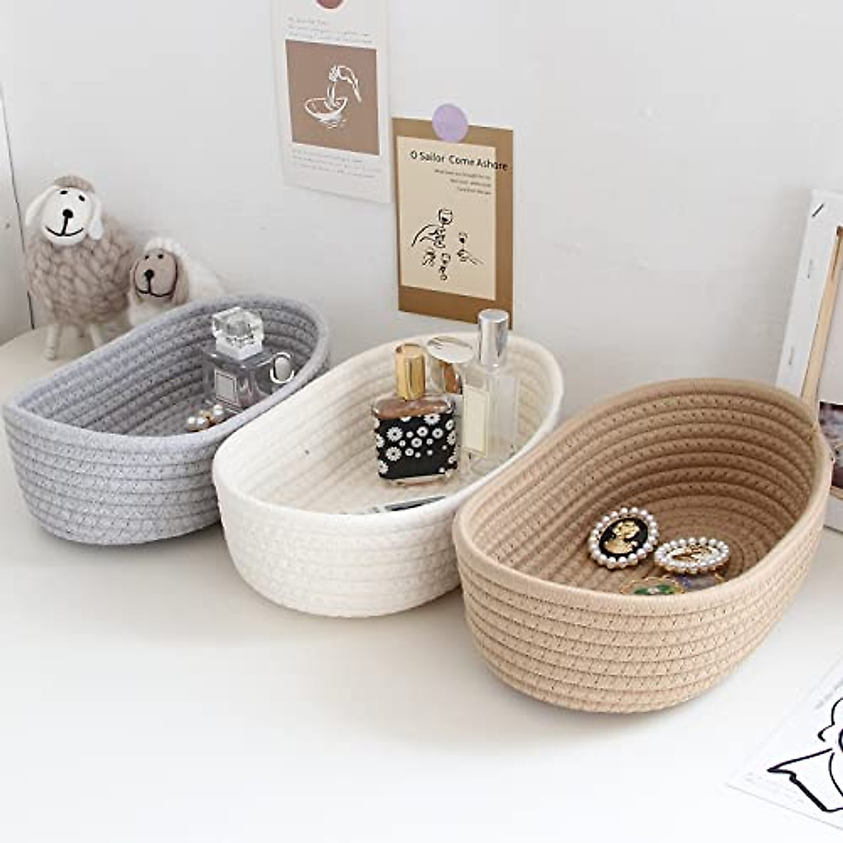 Pretty Comy Small Cotton Rope Storage Basket, Oval Woven Storage Basket Containers for Organizing Toys, Makeup, Baby Nursery